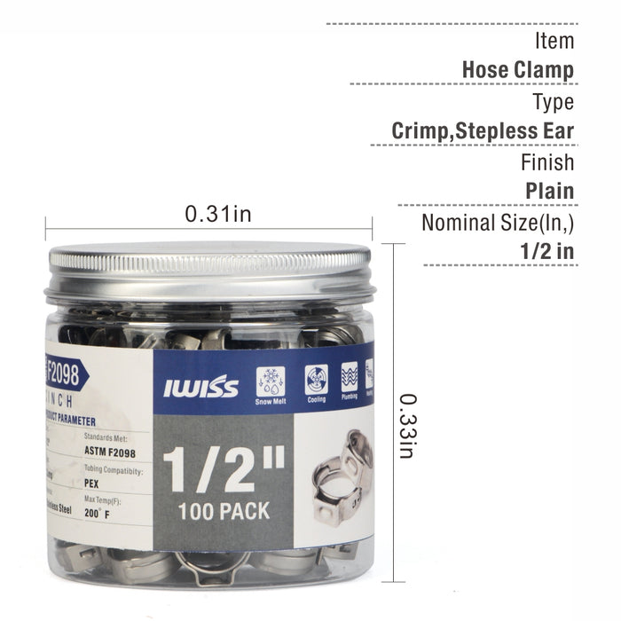 1/2-inch PEX Stainless Steel Clamp Cinch Rings 100 Pack — iCrimp Tools