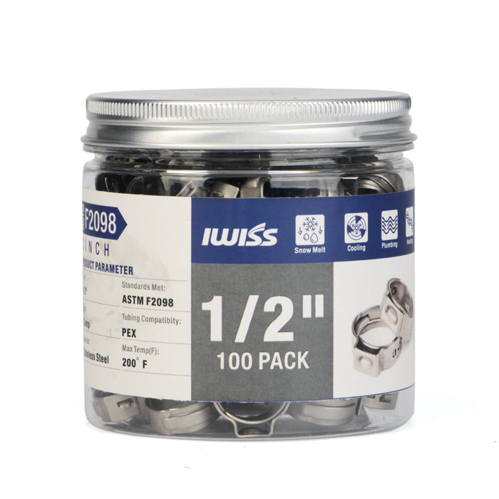 1/2-inch PEX Stainless Steel Clamp Cinch Rings 100 Pack — iCrimp Tools