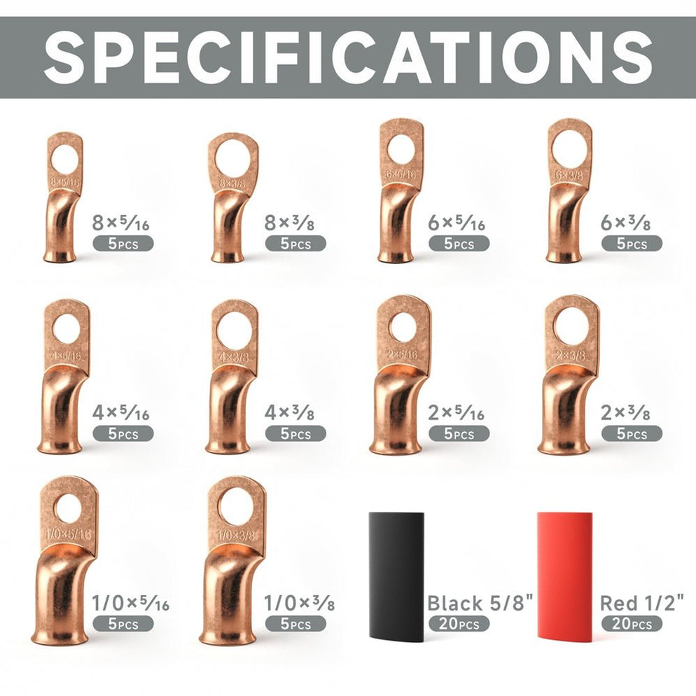 50PCS Heavy Duty Wire Lugs with 40PCS Heat Shrink Tubes — iCrimp Tools