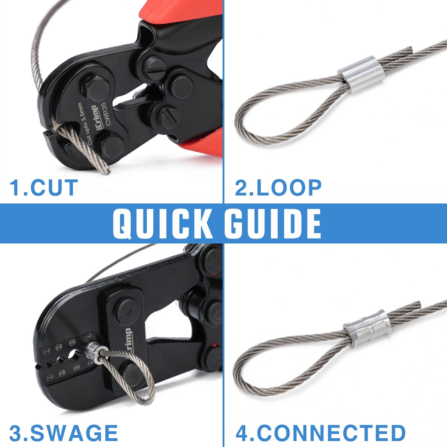Wire Rope Crimper Kit with Cutter and Aluminum Loop Sleeves — iCrimp Tools