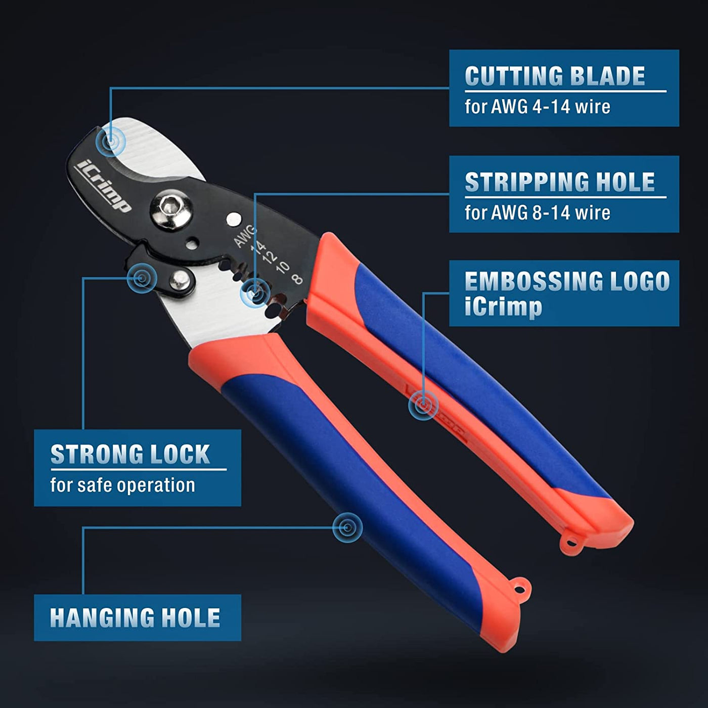 ICP-065 Multi-functional Wire Stripper AWG14-8 & Cable Cutter AWG14-4 ...