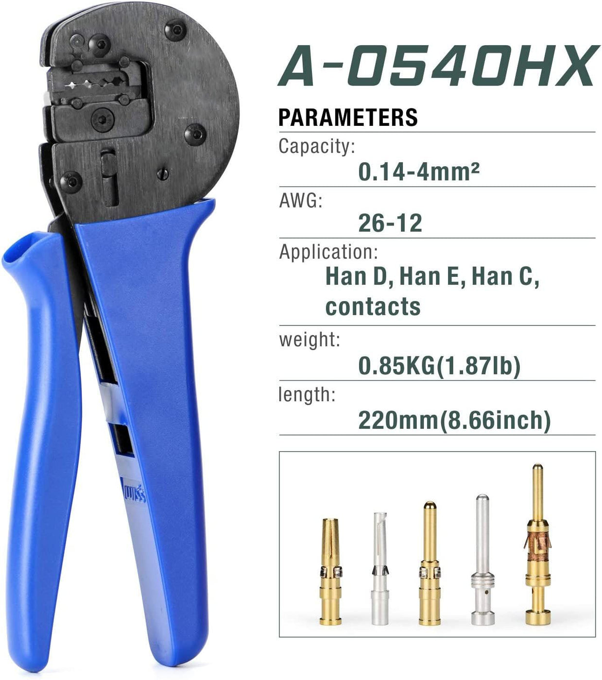 Ratchet Crimper for Han C, Han D, Han E contacts AWG 26-12 — iCrimp Tools