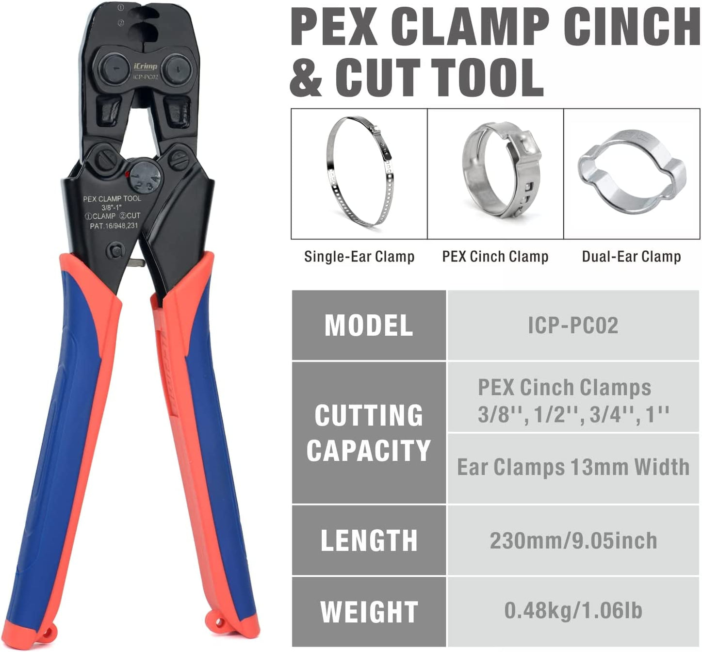 PEX Clamp&Removal Tool for 3/8,1/2,3/4,5/8,1-inch SS Clamps — iCrimp Tools
