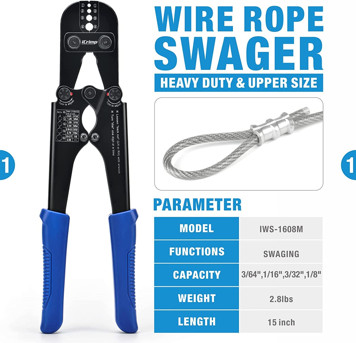 Wire Rope Swager for 3/64"-1/8" Aluminum End Sleeve with Cutter ...