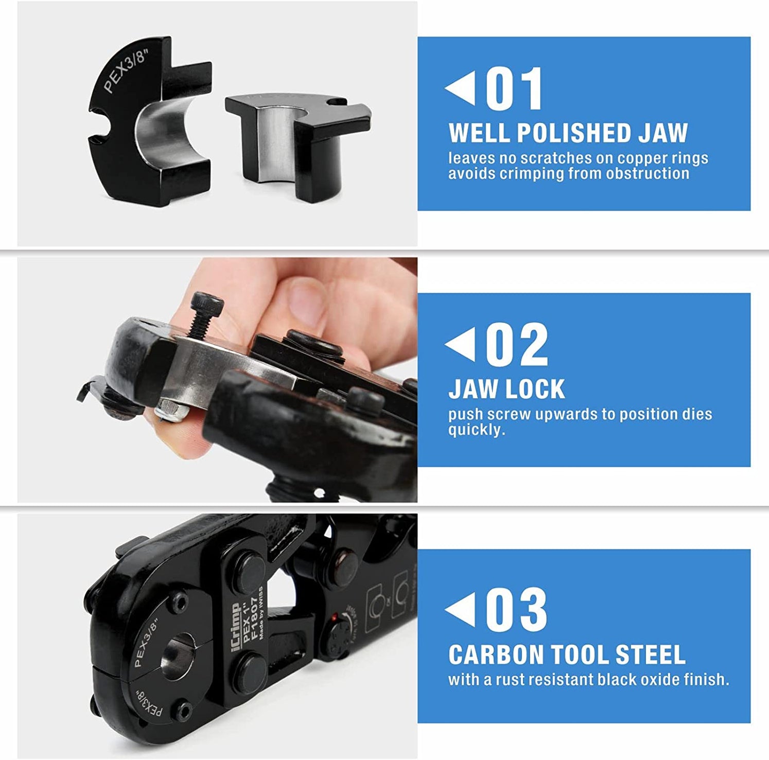 F1807 PEX Crimp Tool Kit with 3/8,1/2,3/4,1-inch jaws — iCrimp Tools
